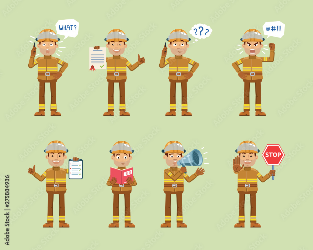 Set of firefighter characters posing in different situations. Cheerful ...