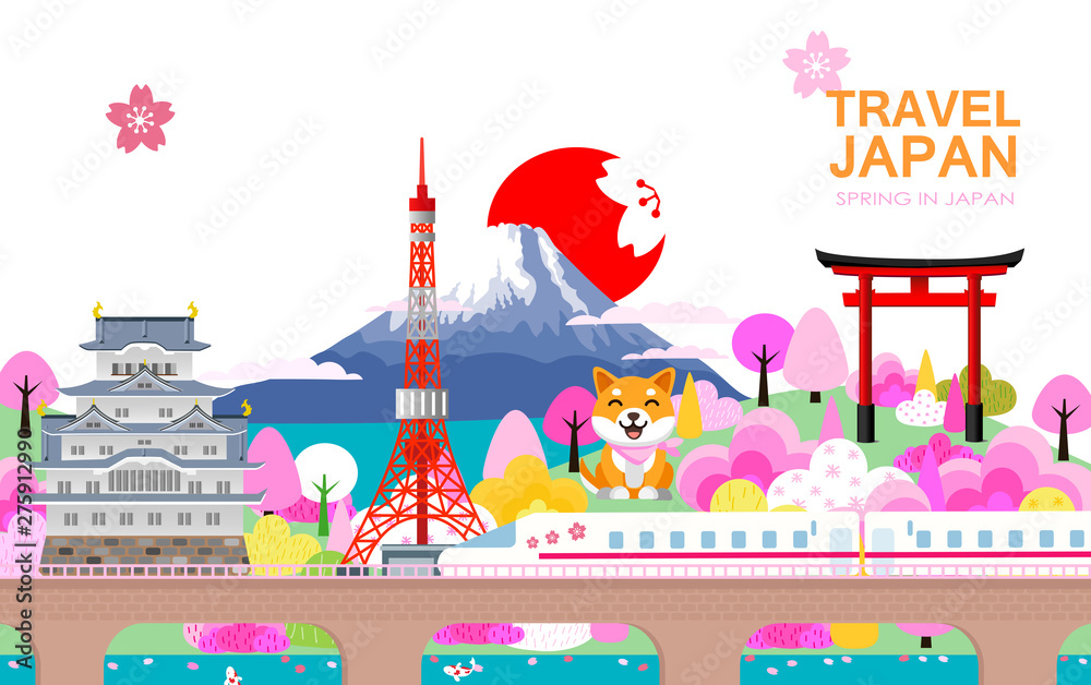 Attractions in Japan, spring Is a panoramic view There is a train running through the castle and ...