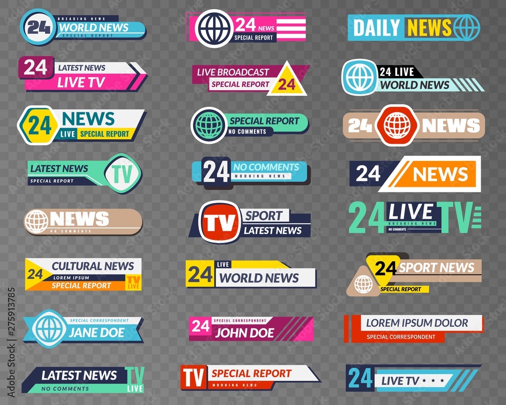 Tv banners. Broadcasting graphic interface, tv streaming lower bar ...
