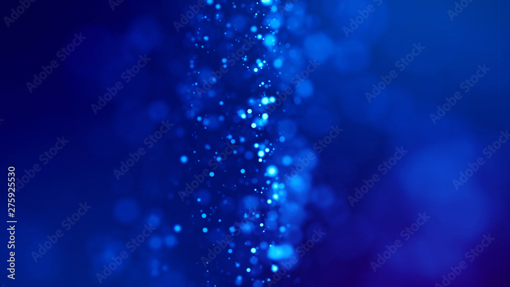 Microcosm. Glow blue particles on blue background are hanging in air ...