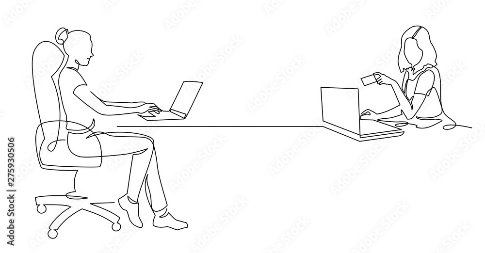 Two office workers at work using laptop continuous one line drawing ...