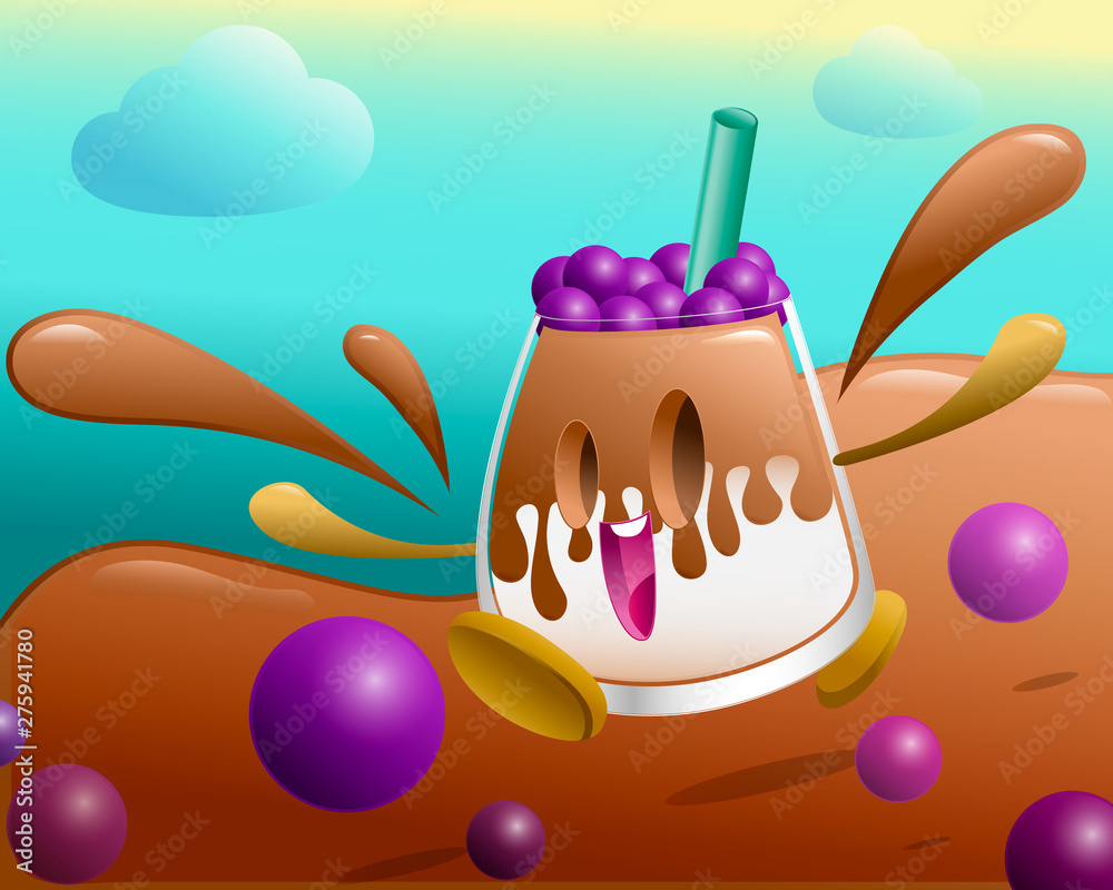The cartoon character of purple sweet potato boba with thai tea is ...
