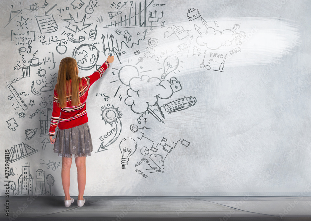 Little girl drawing the sketch on the wall. Education concept drawing ...
