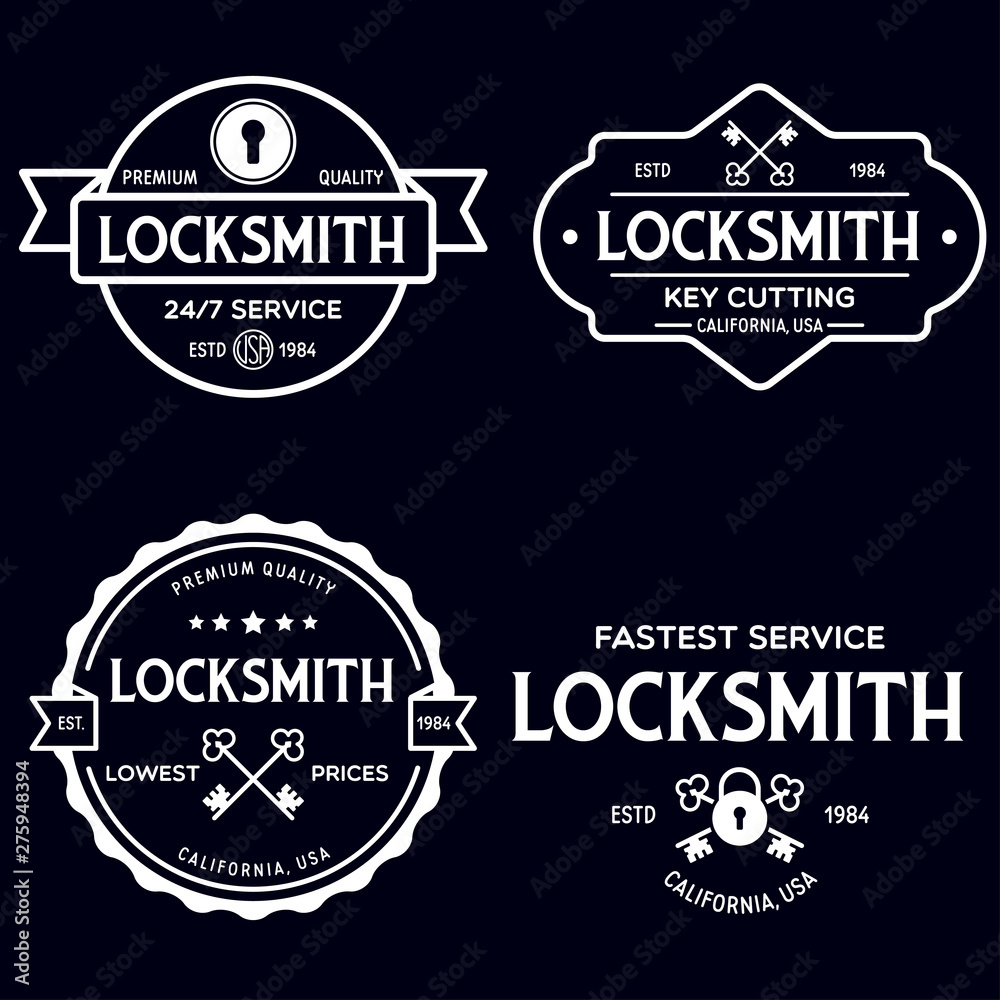 Set of vintage locksmith logo, retro styled key cutting service emblems ...