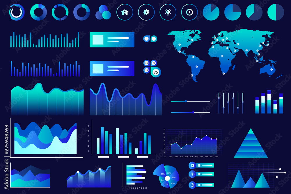 Data screen of assorted vector graphs, charts, diagrams. Blue neon ...