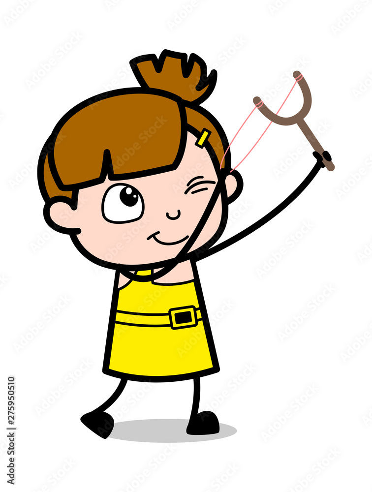 Shooting with Slingshot - Cute Girl Cartoon Character Vector ...