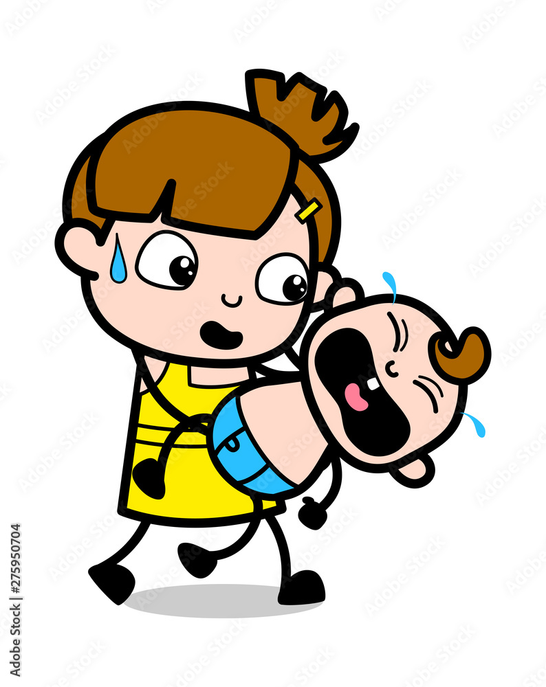 Holding a Crying Baby - Cute Girl Cartoon Character Vector Illustration ...