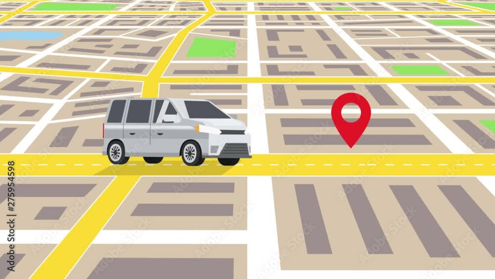 Cartoon White Minibus Car Ride Through the City Map GPS navigation with ...