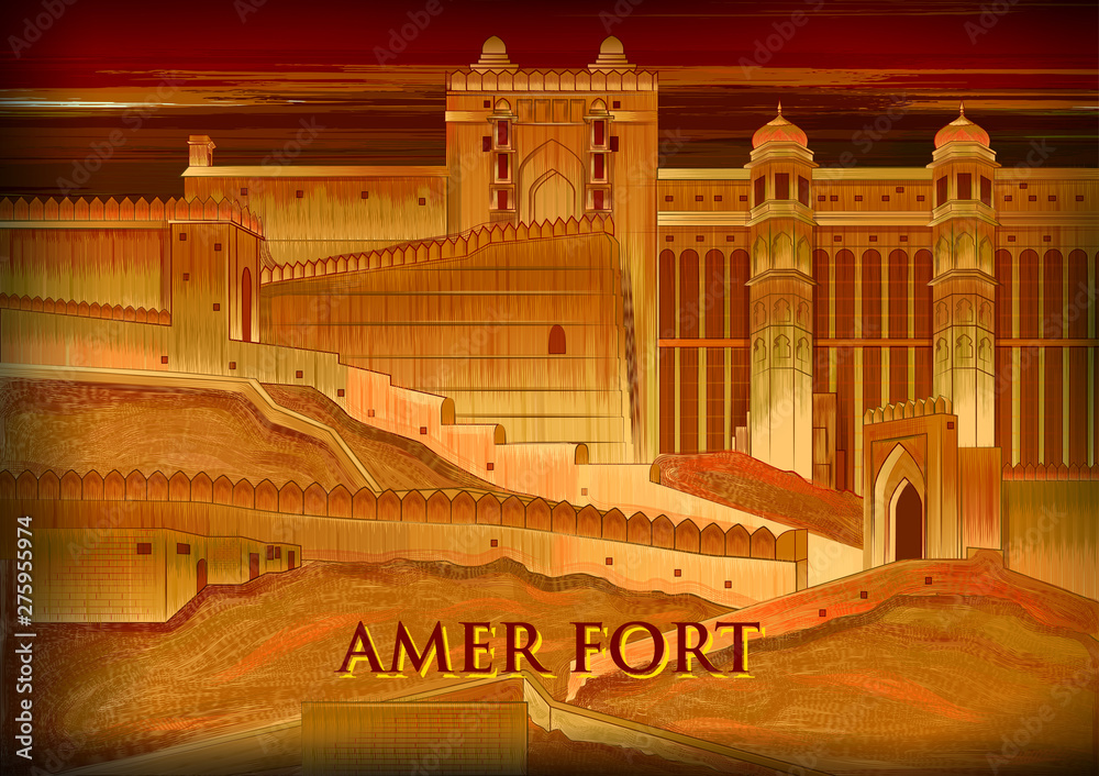 vector illustration of Historical monument Amer Fort in Amer, Rajasthan ...