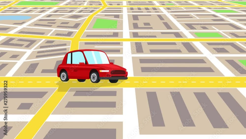 Cartoon Red Auto Car Ride Through the City Map navigation with Car ...