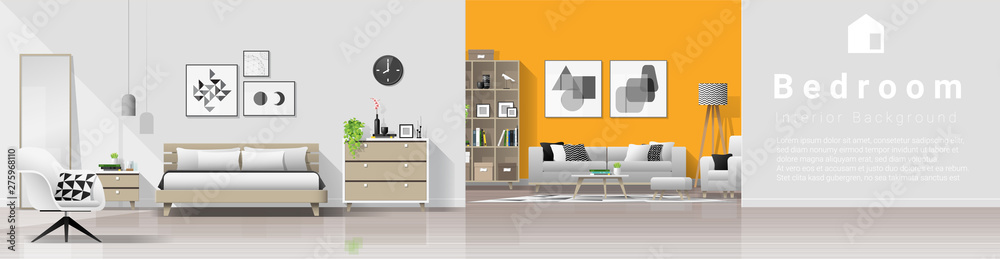 Modern house interior background with bedroom and living room ...
