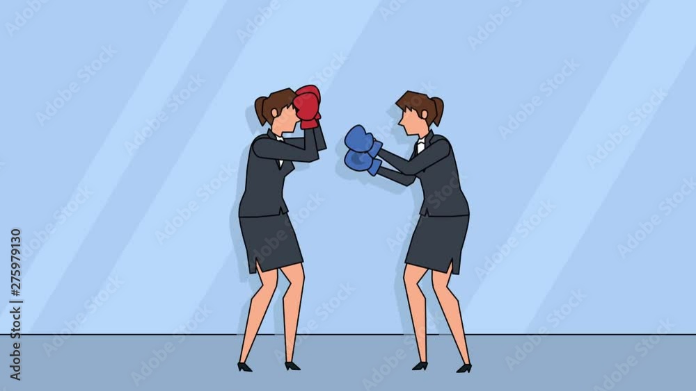 Flat cartoon business people woman characters boxing fight standoff ...