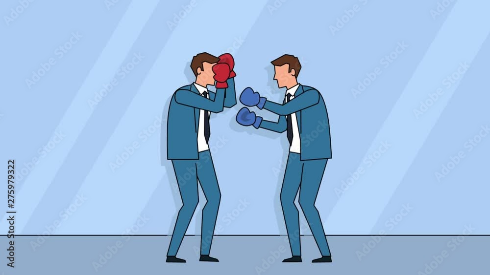 Flat cartoon business people man characters boxing fight standoff ...