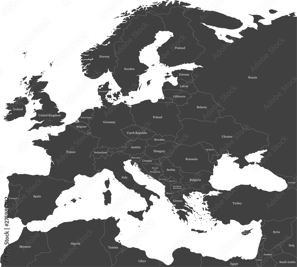 Map of Europe (with Russia) and north Africa split into individual ...