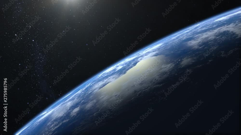 Earth. View from space. The camera is approaching Earth. The horizon is ...