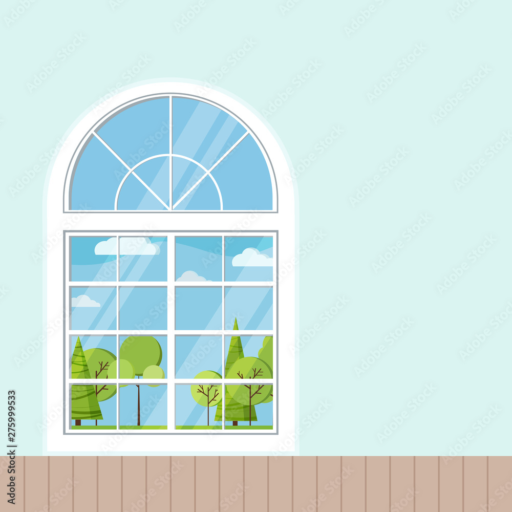 Wooden or plastic room french panoramic white window frame in cartoon ...