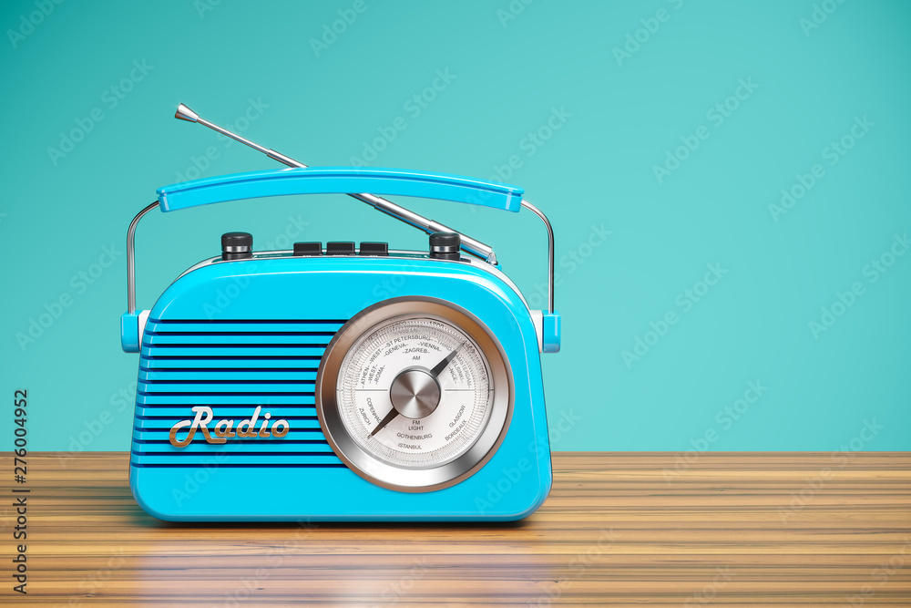 Vintage blue radio receiver on wood table. Wallpaper 3d Stock ...