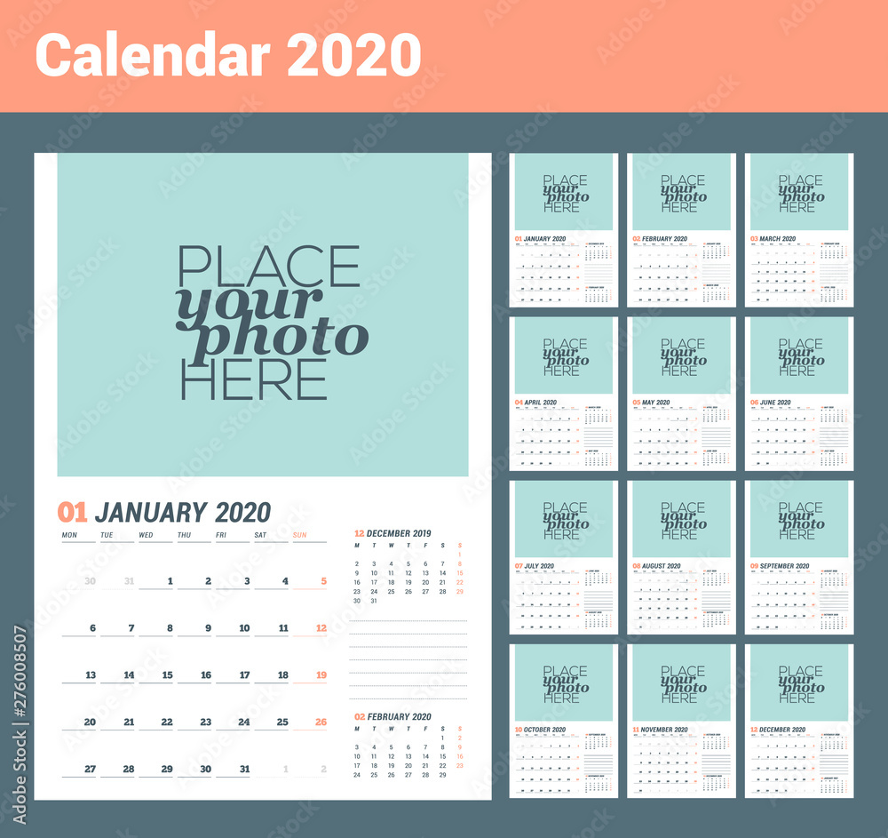 Wall calendar planner template for 2020 year. Vector design print ...