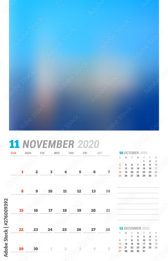 November 2020. Wall calendar planner template. Vector stationery design ...