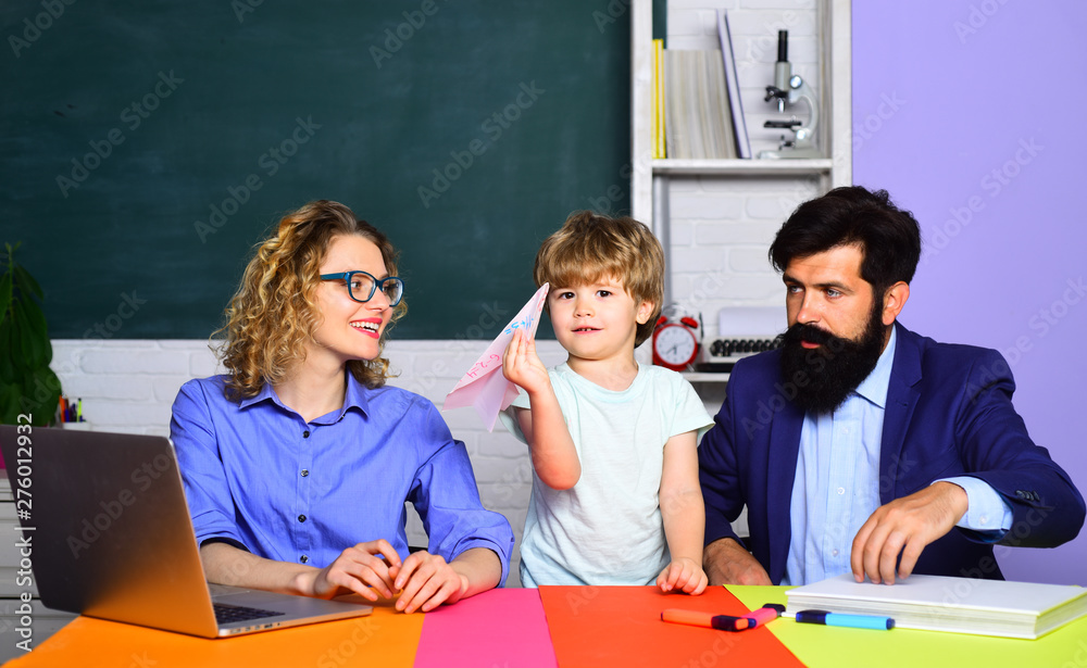 Boy from elementary school. Happy family. Cute pupil and father and ...