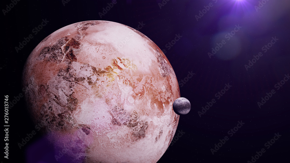 beautiful alien planet, distant world with moon in deep space system ...