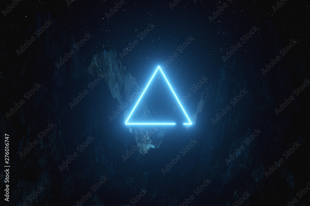 Beautiful minimalistic fantastic landscape. Bright blue neon triangle ...