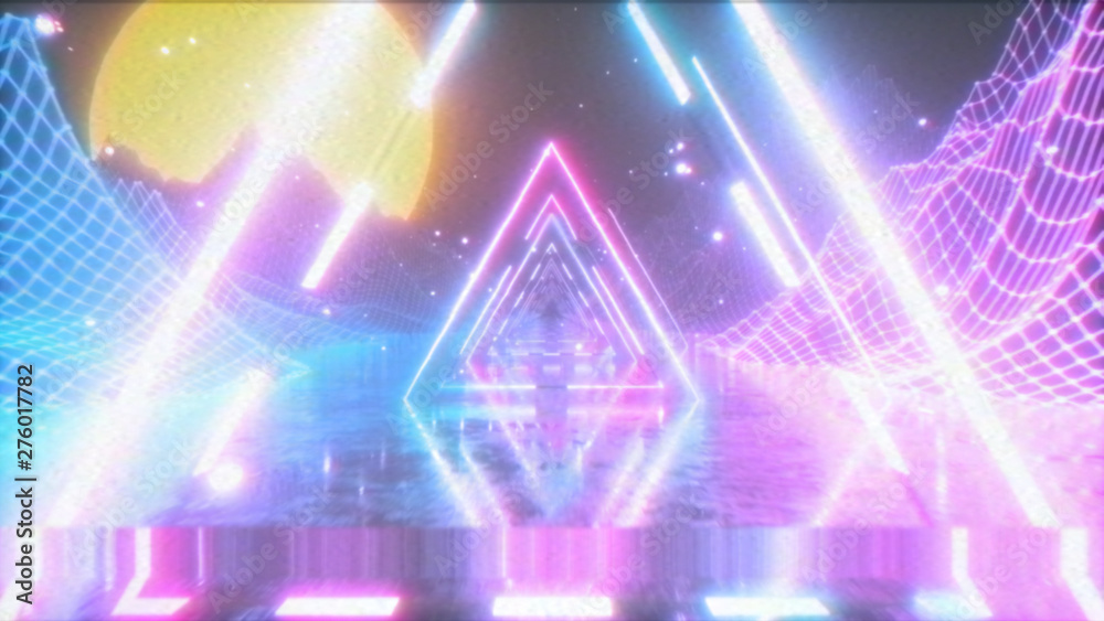 ภาพประกอบสต็อก Flying in a retro futuristic space with glowing neon ...