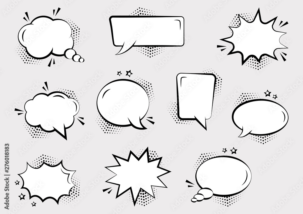 Set of empty comic speech bubbles different shapes with halftone shadows and stars, hand drawn ...