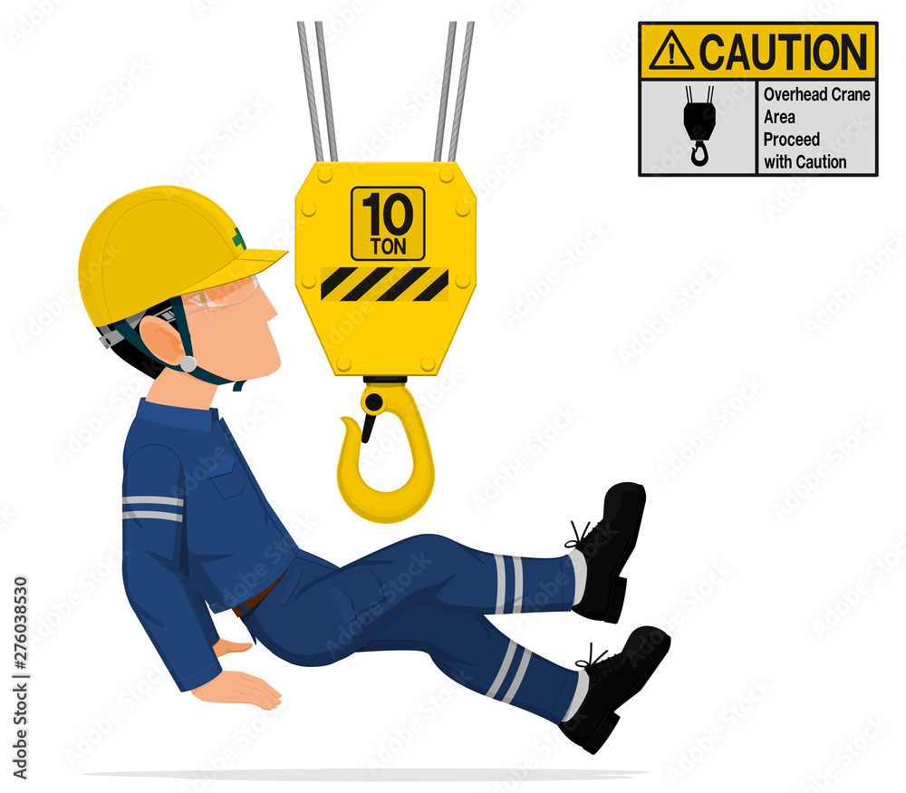 An industrial worker is hit by the crane on transparent background ...