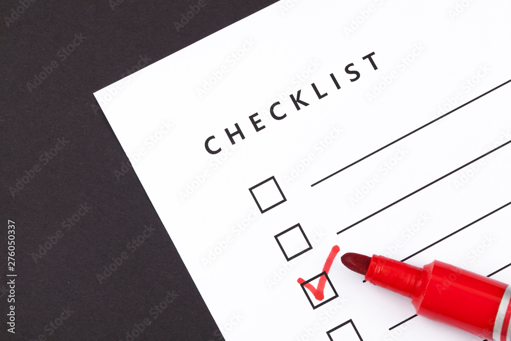 Checklist box with red checkmark, paper and a pen with checklist ...