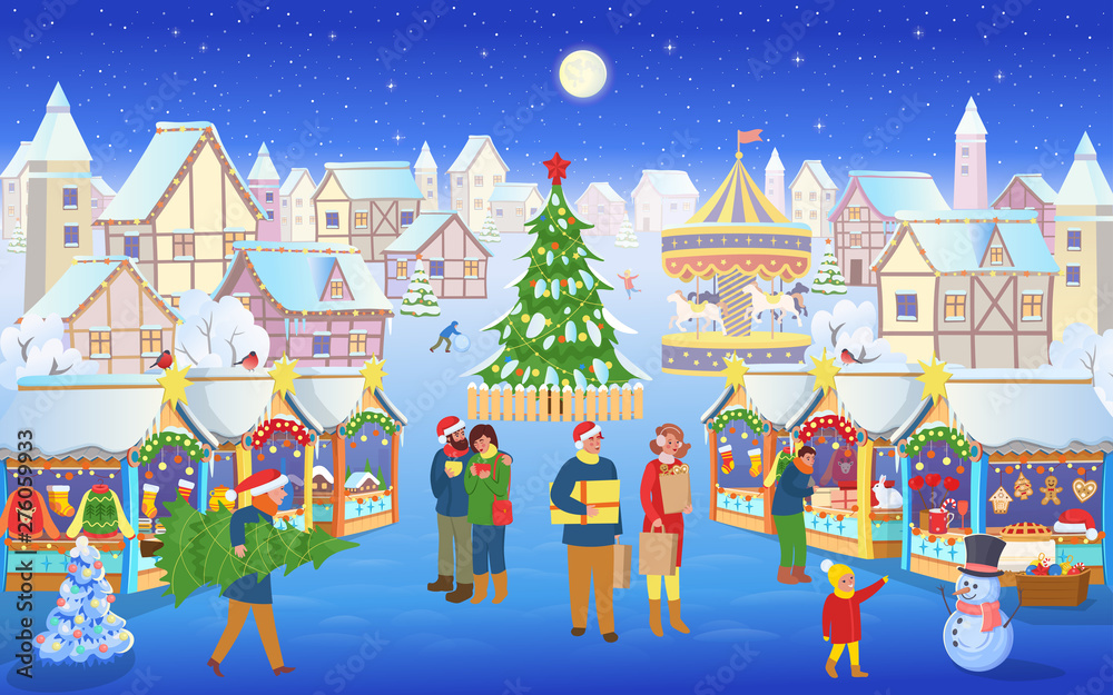 Christmas market with people a Christmas tree, carousel with horses and ...