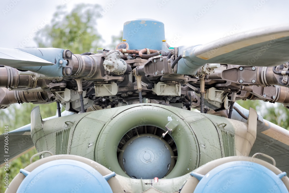 helicopter jet engine turbine intake and rotor blade closeup front ...