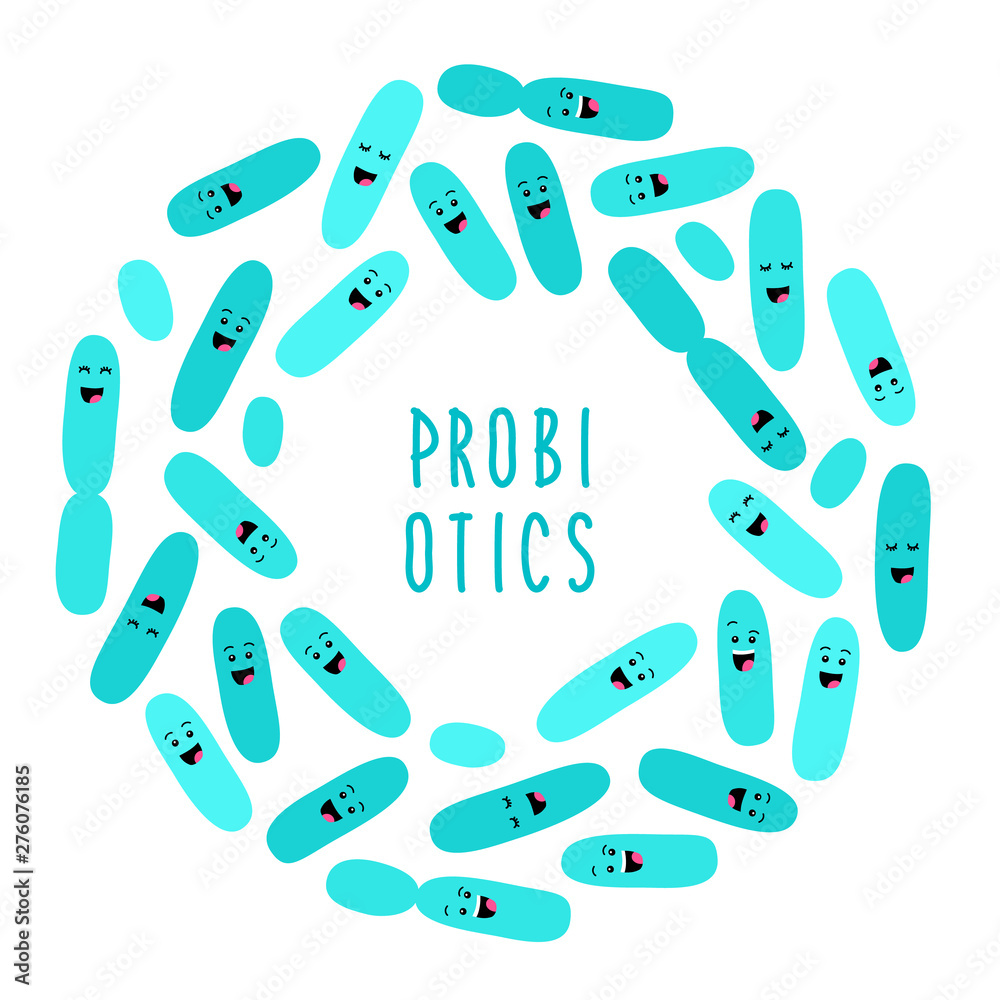 Funny probiotics bacteria family background isolated on white, gut and ...