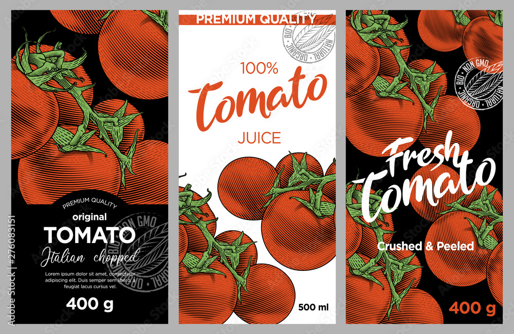 Tomato ketchup, sauce, juice badge label design set. Vector hand drawn ...
