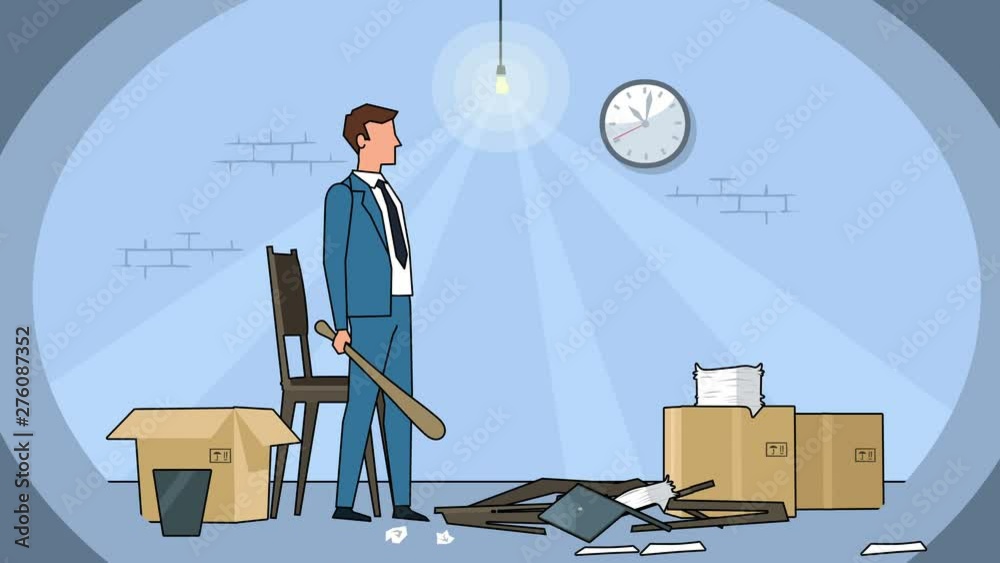 Flat cartoon businessman bad angry character destroy the workplace with ...