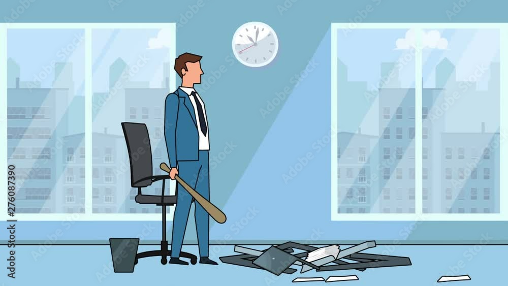 Flat cartoon businessman bad angry character destroy the workplace with ...