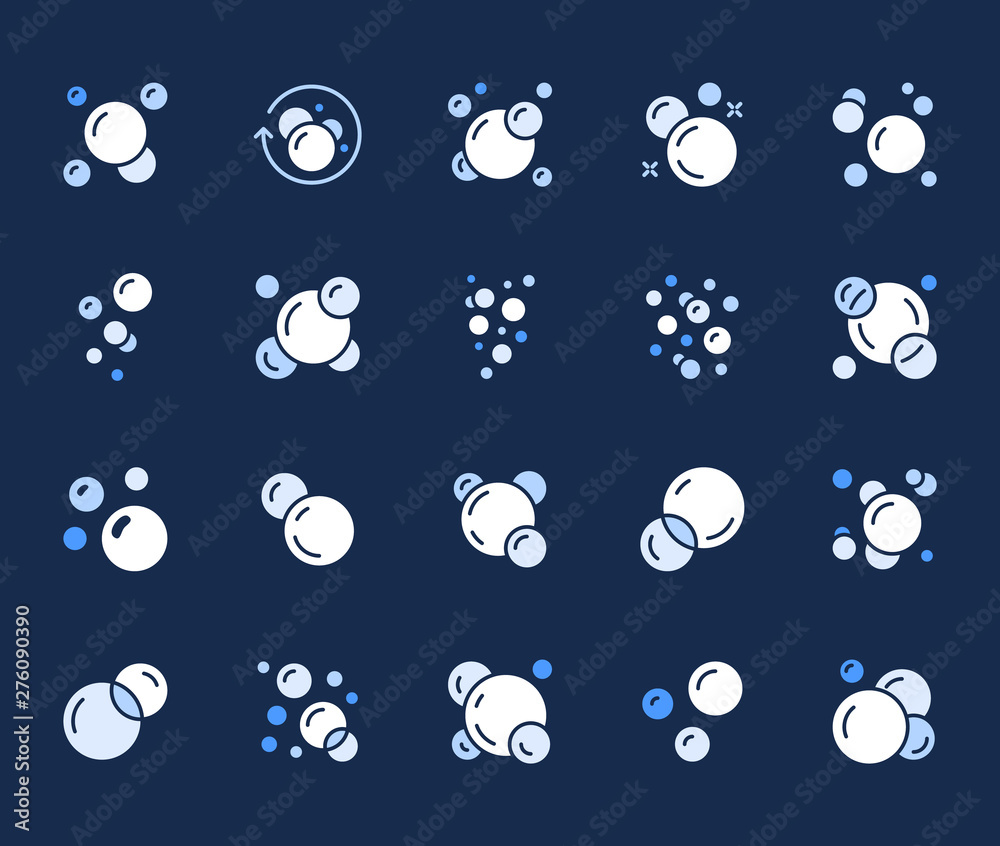 Bubbles flat glyph icons set. Soap foam, fizzy drink, oxygen bubble ...