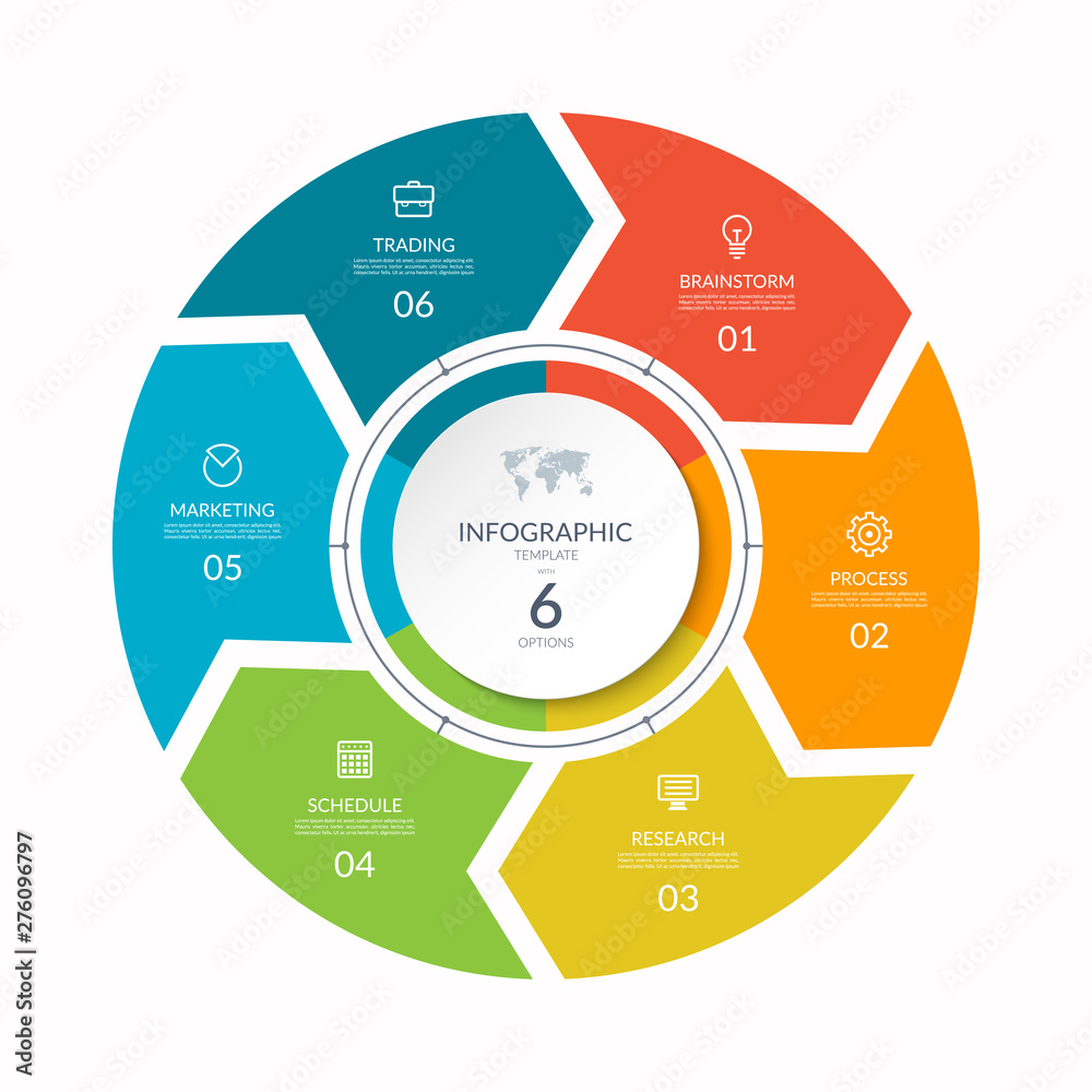 Infographic process chart. Cycle diagram with 6 stages, options, parts ...