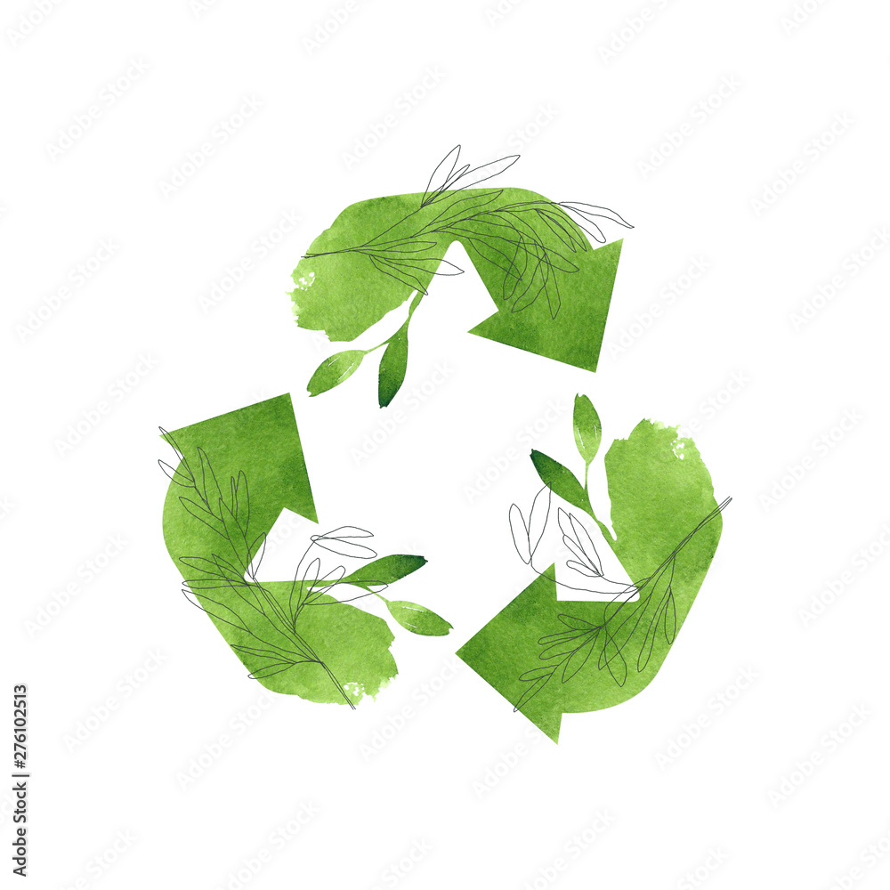 Watercolor recycling sign with leaves isolated on white background ...