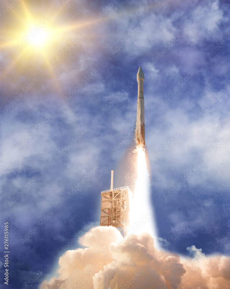 Sunflare and rocket. The elements of this image furnished by NASA ...