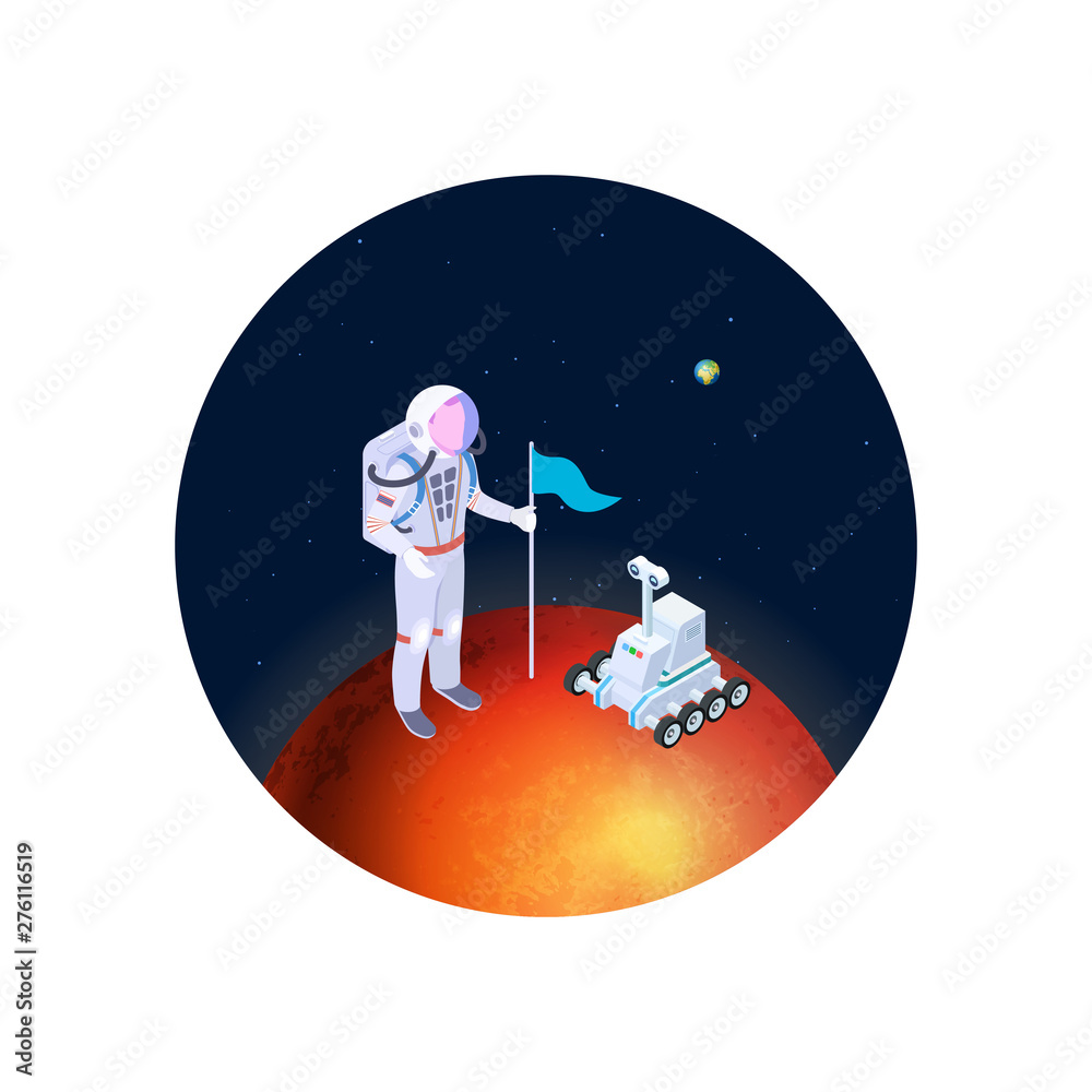 Astronaut and rover on mars vector illustration. Isometric astronaut in ...