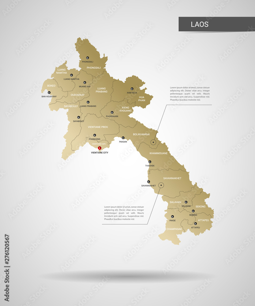 Stylized vector Laos map. Infographic 3d gold map illustration with ...