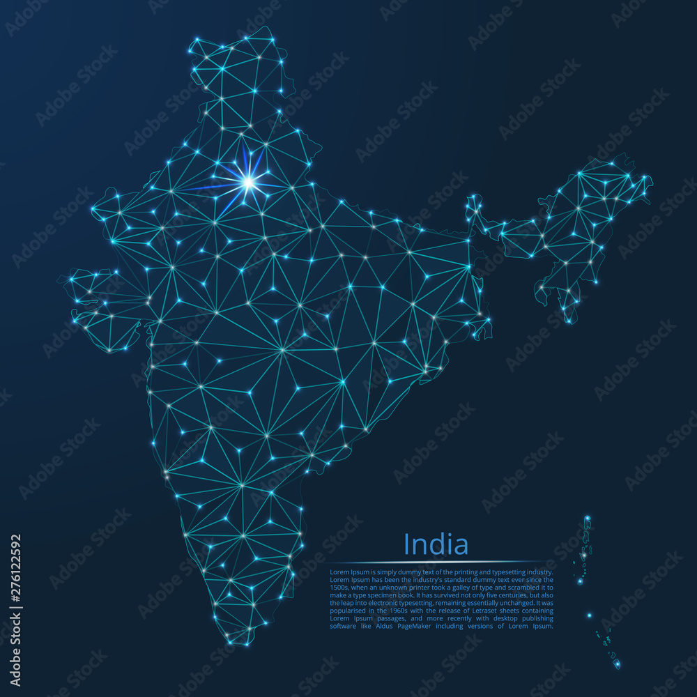 India communication network map. Vector low poly image of a global map ...