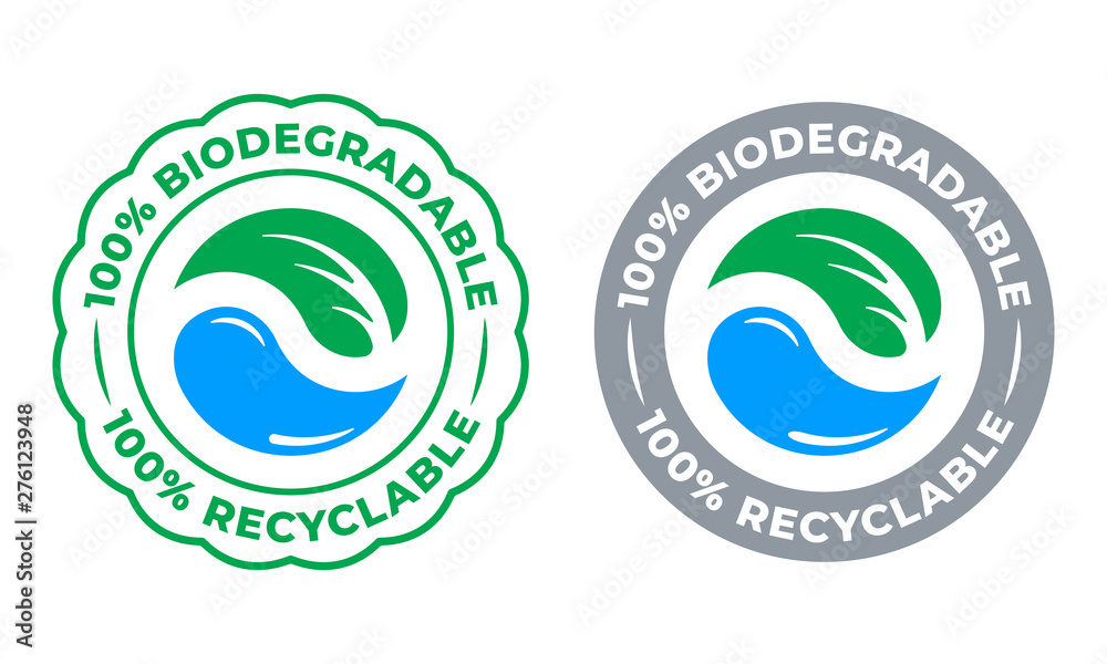 Biodegradable recyclable 100 percent label vector icon. Recycling, Eco ...