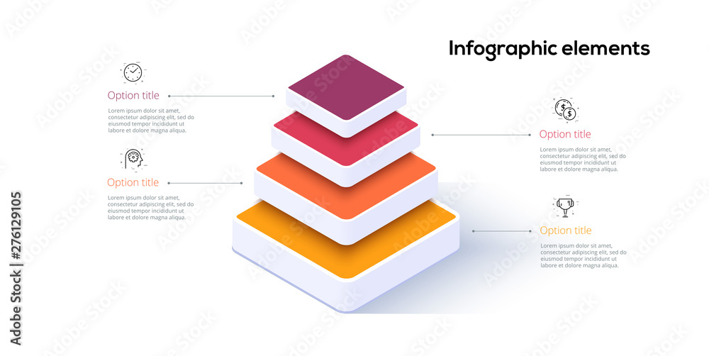 Business pyramid chart infographics with 4 steps. Pyramidal stages ...