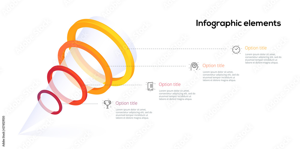 Pyramid 4 step process chart infographics with option circles. Funnel ...