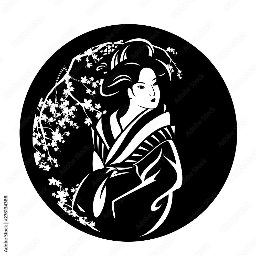 Beautiful Japanese Geisha Girl Wearing Traditional Kimono Among
