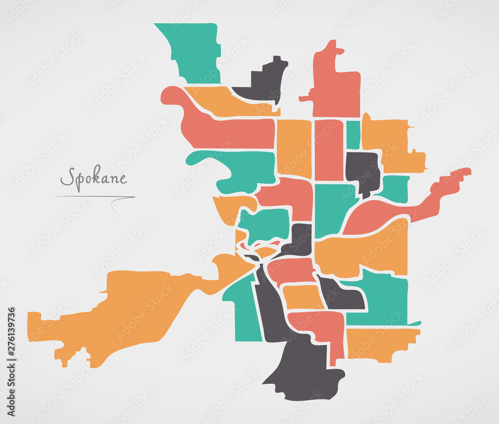 Spokane Washington Map with neighborhoods and modern round shapes ...