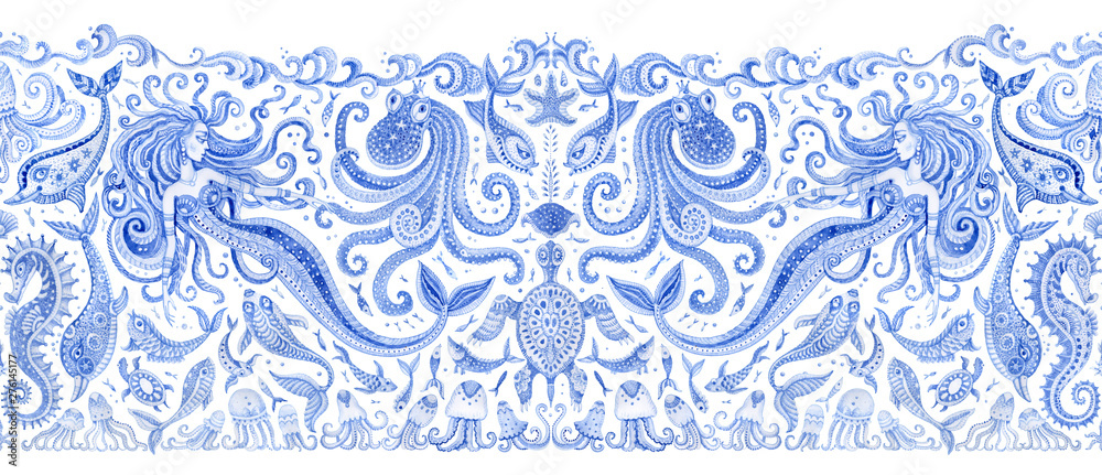 mermaid 2 border baroq cont on black work not expand Stock Illustration ...