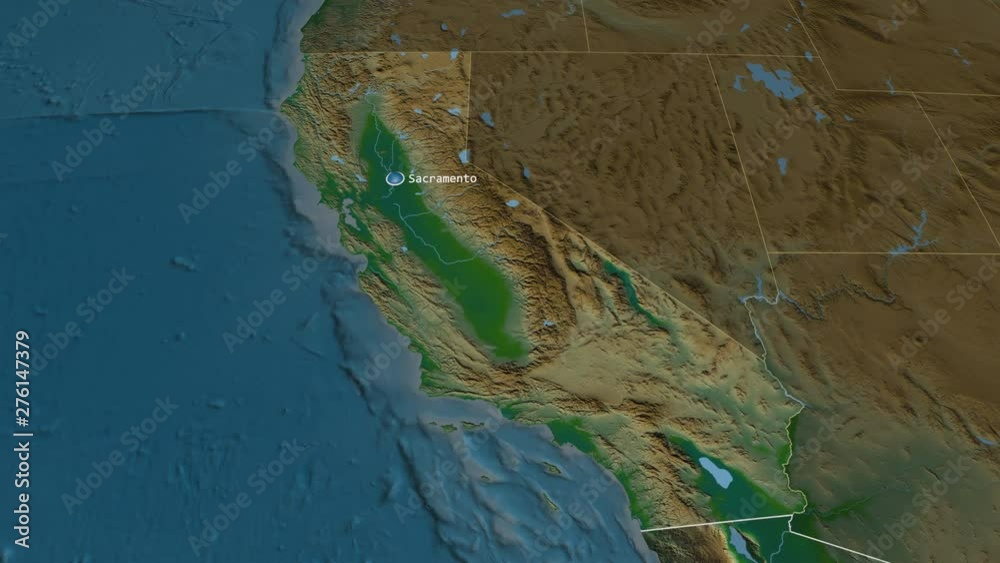 California - state of the United States zoomed on the physical map of ...